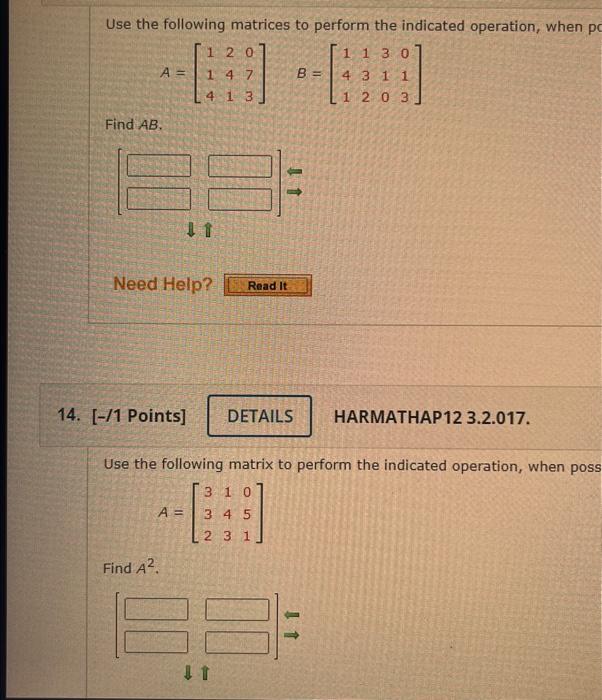 Solved Use the following matrices to perform the indicated | Chegg.com