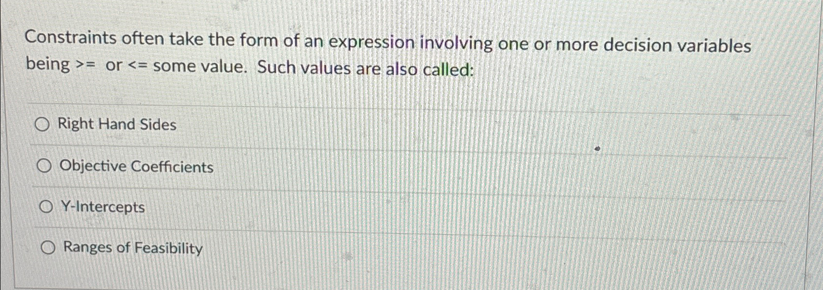 Solved Constraints often take the form of an expression | Chegg.com