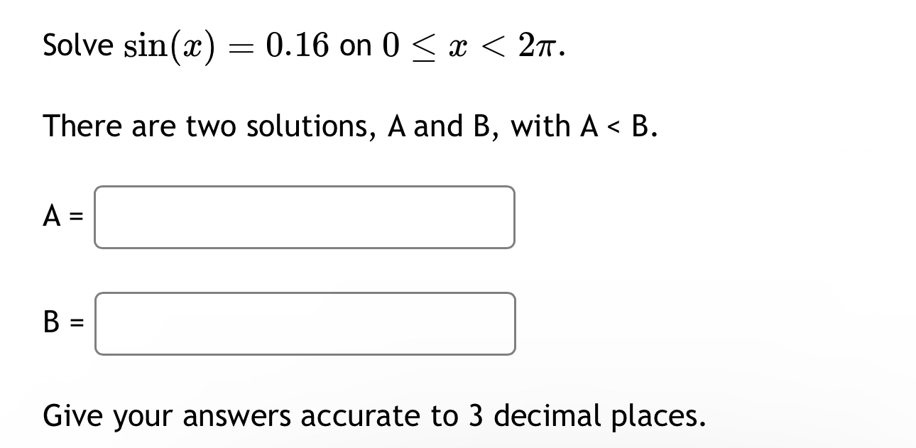 Solve sin(x)=0.16 ﻿on 0≤x