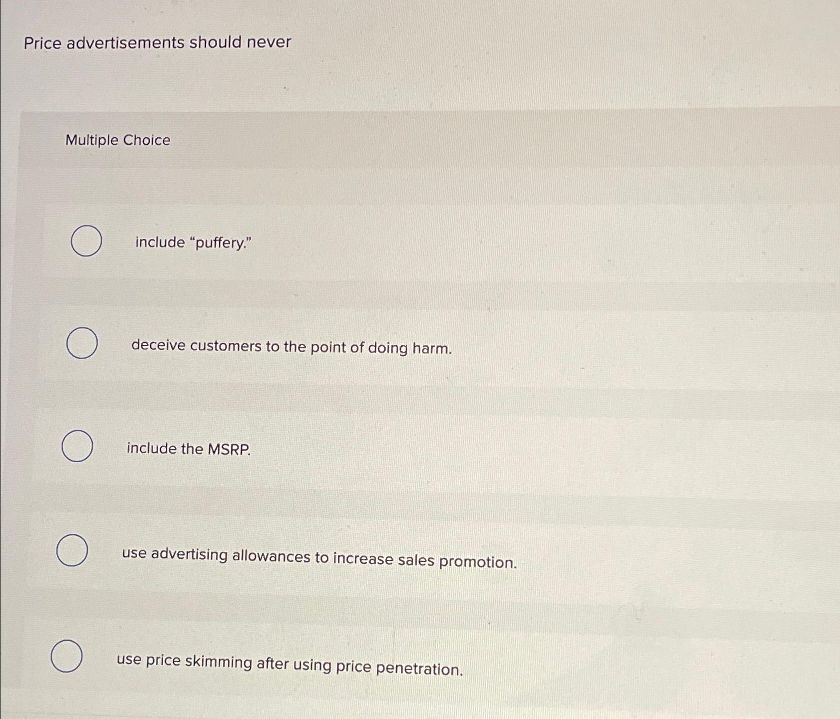 Solved Price advertisements should neverMultiple | Chegg.com
