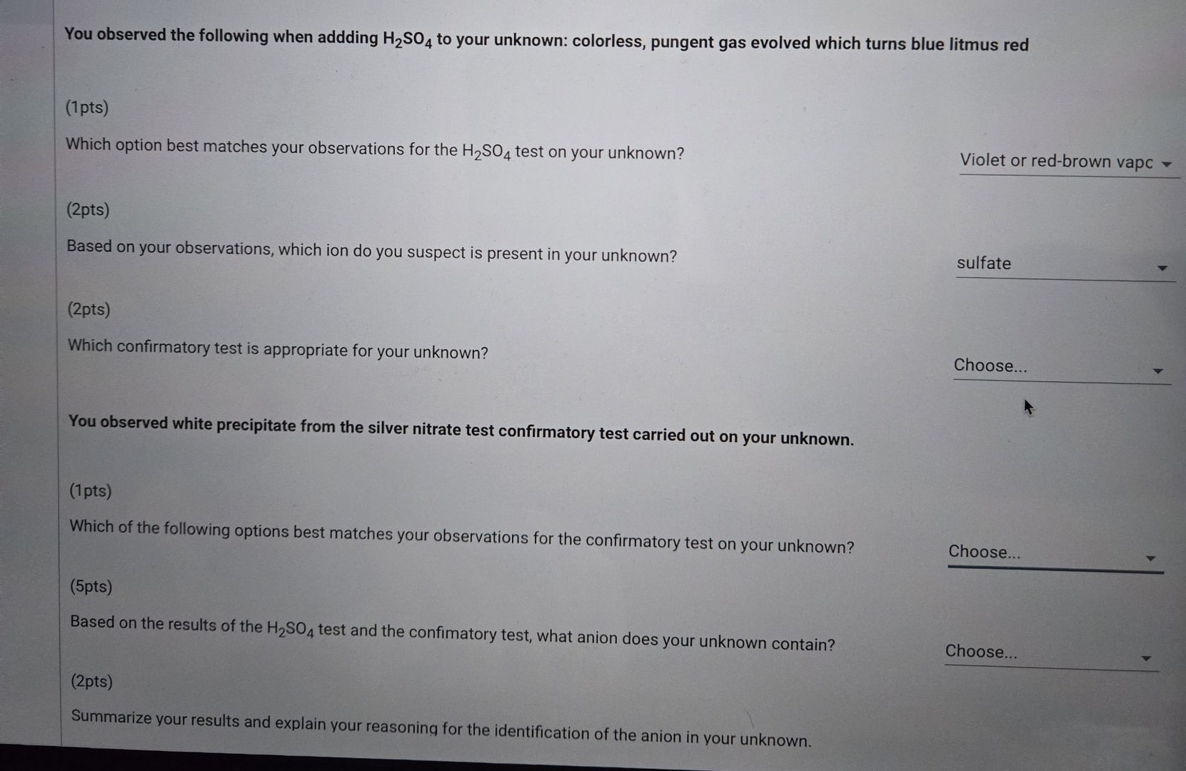 Solved You observed the following when addding H2SO4 ﻿to | Chegg.com