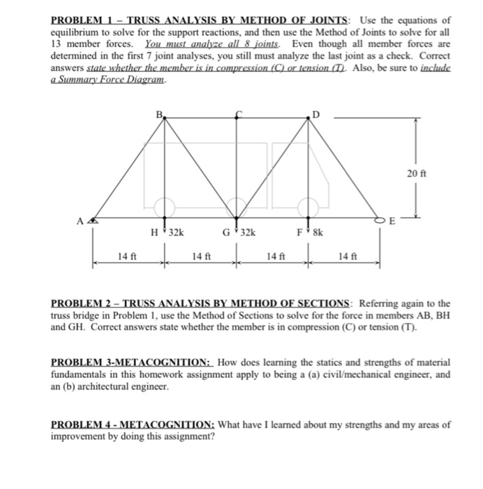 Solved PROBLEM I - TRUSS ANALYSIS BY METHOD OF JOINTS: Use | Chegg.com