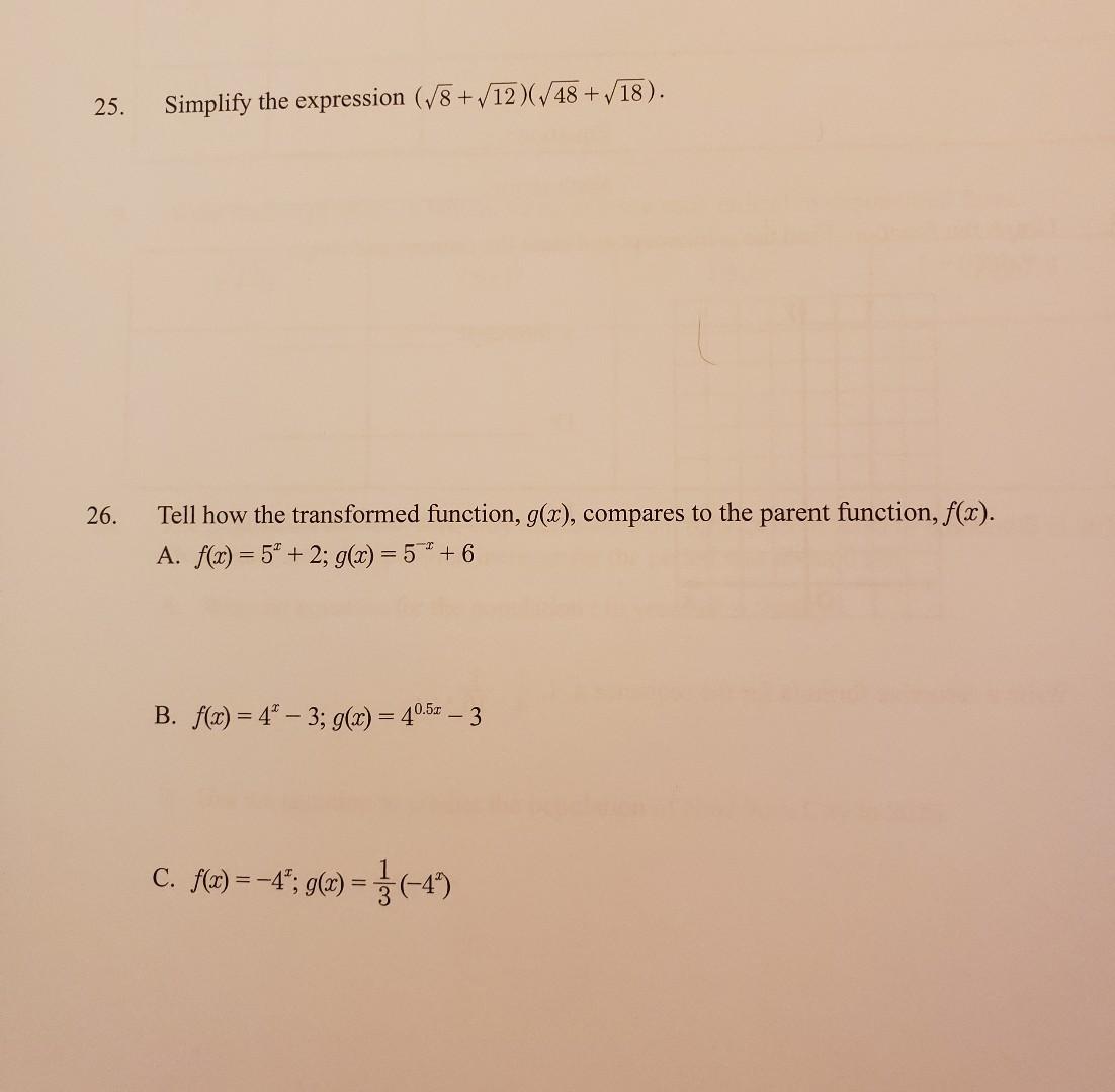 Solved 25. Simplify the expression (8+12)(48+18). 26. Tell | Chegg.com