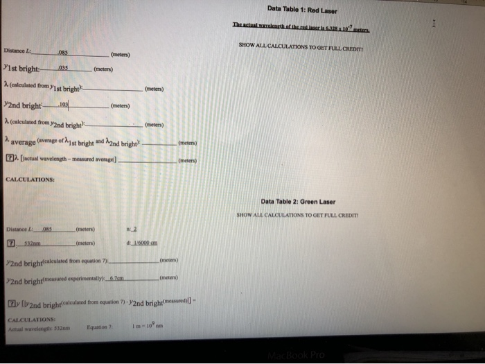 Solved Duta Table 1: Red Laser actual weslength of the rear | Chegg.com
