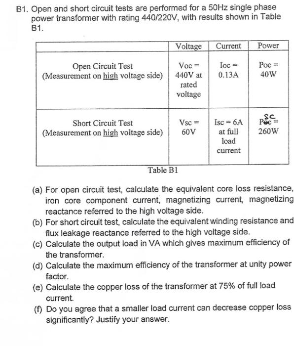 Solved B1. Open and short circuit tests are performed for a | Chegg.com