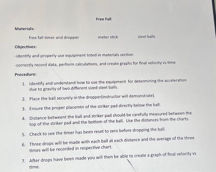 Solved Free Fall Materials: free fall timer and dropper | Chegg.com