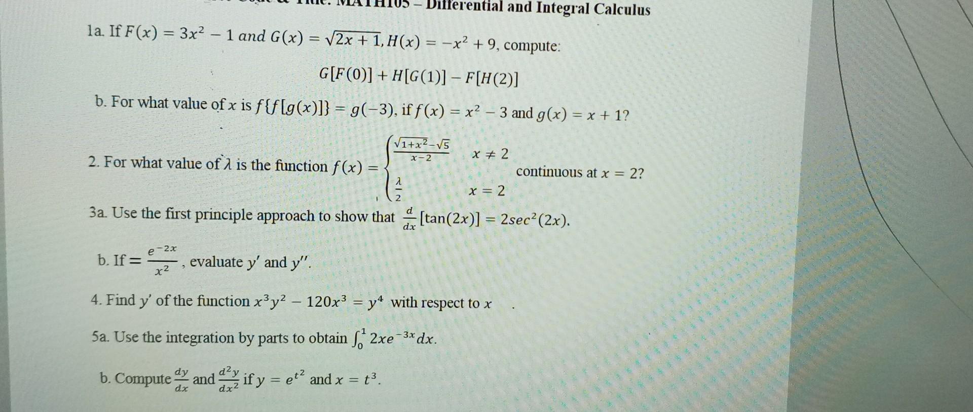 Solved 1a. If F(x)=3x2−1 and G(x)=2x+1,H(x)=−x2+9, compute: | Chegg.com