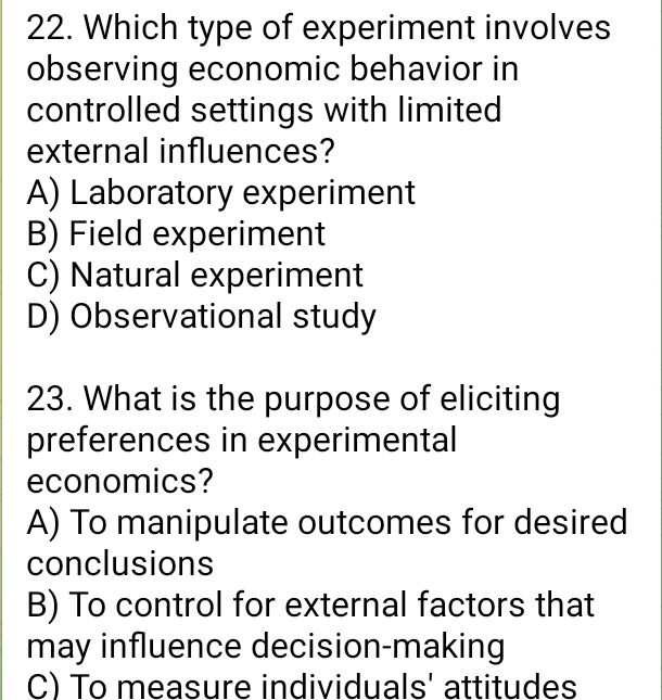 Economics: Which type of experiment involves | Chegg.com