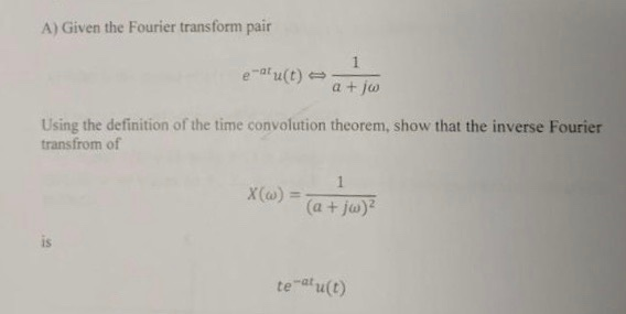 Solved A) Given the Fourier transform pair 1 elu(t) a + 6 | Chegg.com