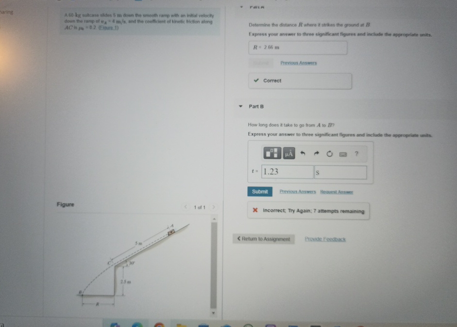 Solved A 60 ﻿kg suitcase slides 5 ﻿m down the smooth ramp | Chegg.com