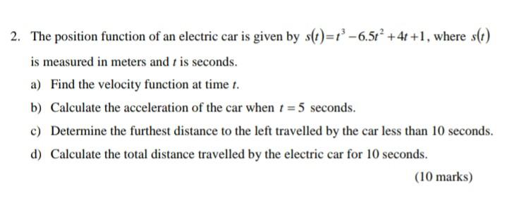 Solved 2. The position function of an electric car is given | Chegg.com