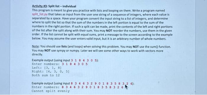 Solved Activity #3: Split list - individual This program is | Chegg.com