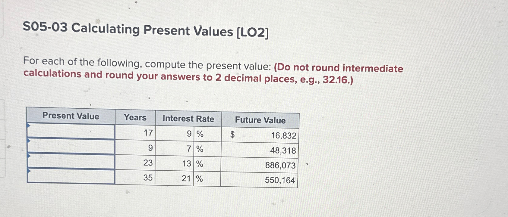 Solved S05-03 ﻿Calculating Present Values [LO2]For each of | Chegg.com
