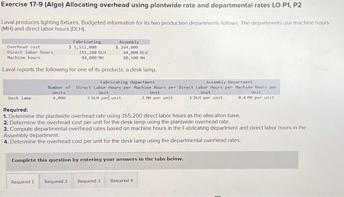 Solved Exercise 17-9 (Algo) Allocating overhead using | Chegg.com