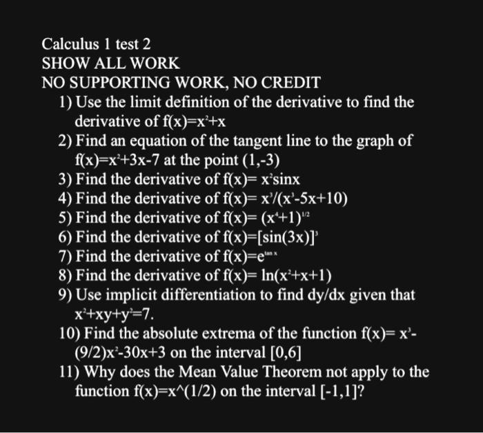 Solved Calculus 1 test 2 SHOW ALL WORK NO SUPPORTING WORK, | Chegg.com