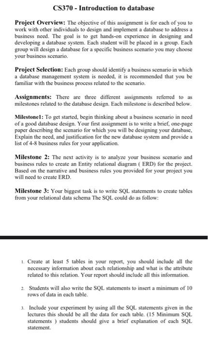 CS370 - Introduction to database Project Overview: | Chegg.com