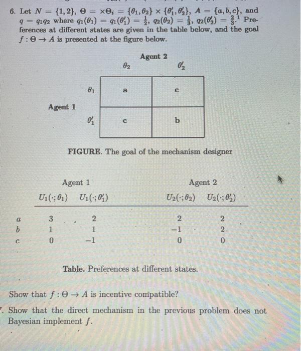 Solved 6. Let N={1,2},θ=×θi={θ1,θ2}×{θ1′,θ2′},A={a,b,c}, and | Chegg.com