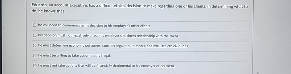 Solved Eduardo, an account executive, has a difficult | Chegg.com
