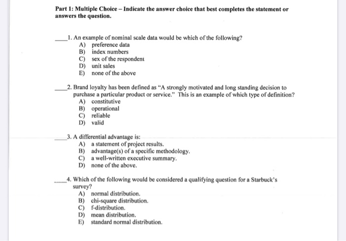 Solved Part 1: Multiple Choice - Indicate the answer choice | Chegg.com