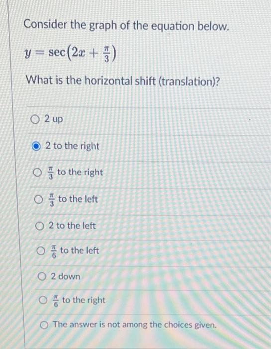 Solved Consider the graph of the equation below. y = sec (2x | Chegg.com
