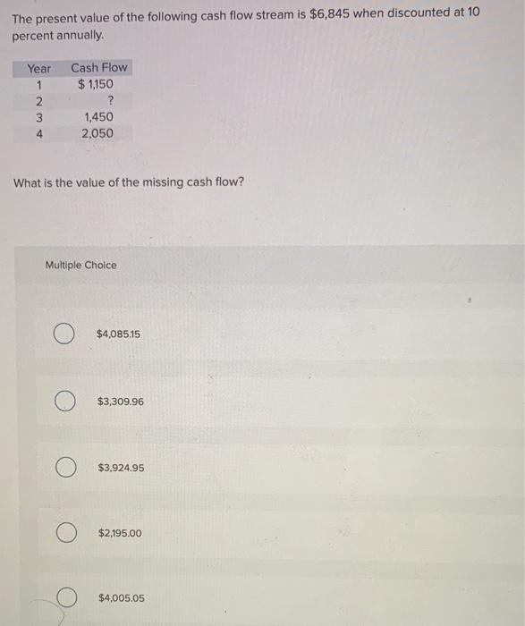 Solved The present value of the following cash flow stream | Chegg.com