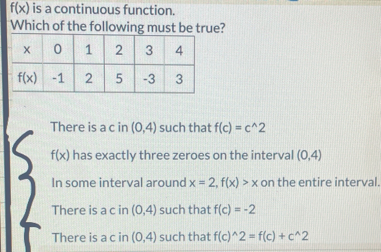 Solved f(x) ﻿is a continuous function.Which of the following | Chegg.com