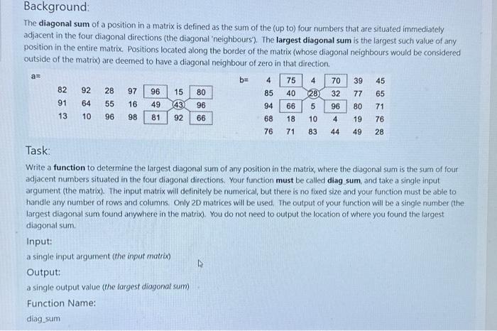 Solved Background: The diagonal sum of a position in a | Chegg.com