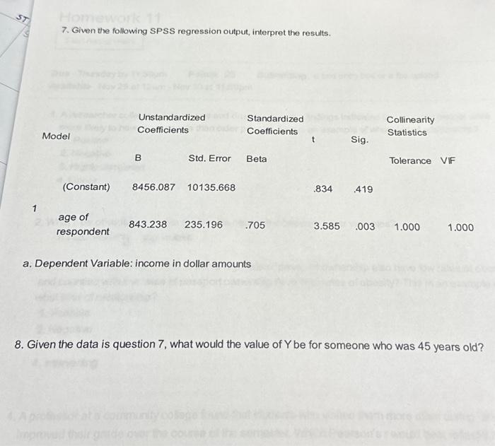 Solved 7. Given the following SPSS regression output, | Chegg.com