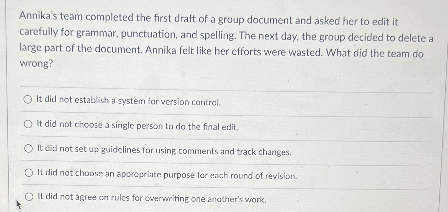 Solved Annika's team completed the first draft of a group | Chegg.com