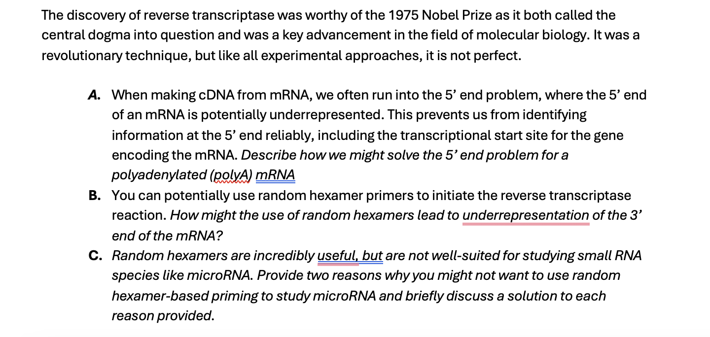 Solved The discovery of reverse transcriptase was worthy of | Chegg.com