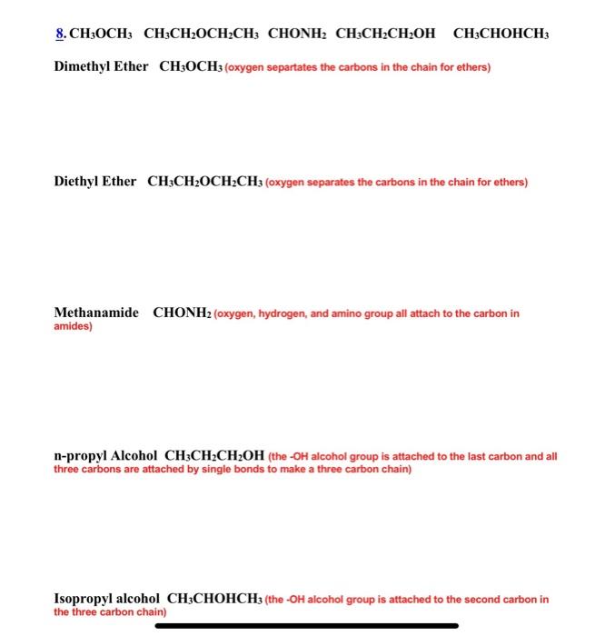 Solved 8. CH3OCH3 CH3CH2OCH2CH3 CHONH2 CH3CH2CH2OH | Chegg.com