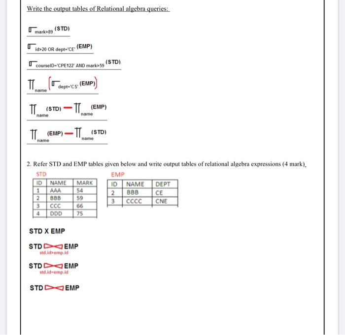 Solved Write The Output Tables Of Relational Algebra