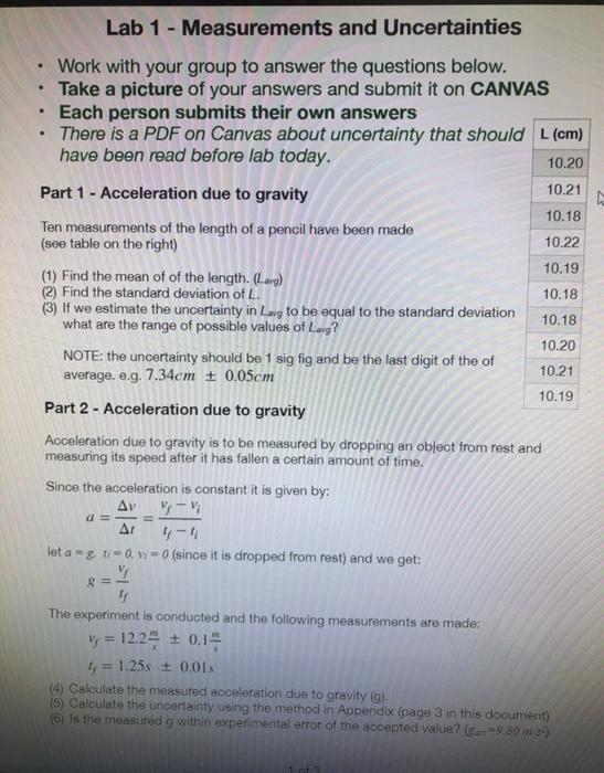 Solved . Lab 1 - Measurements and Uncertainties Work with | Chegg.com