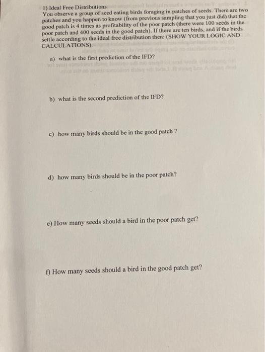 Solved 1) Ideal Free Distributions You observe a group of | Chegg.com