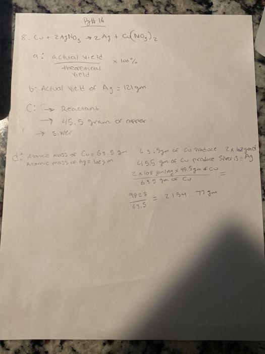 Solved For percent yield questions below answer each part of | Chegg.com