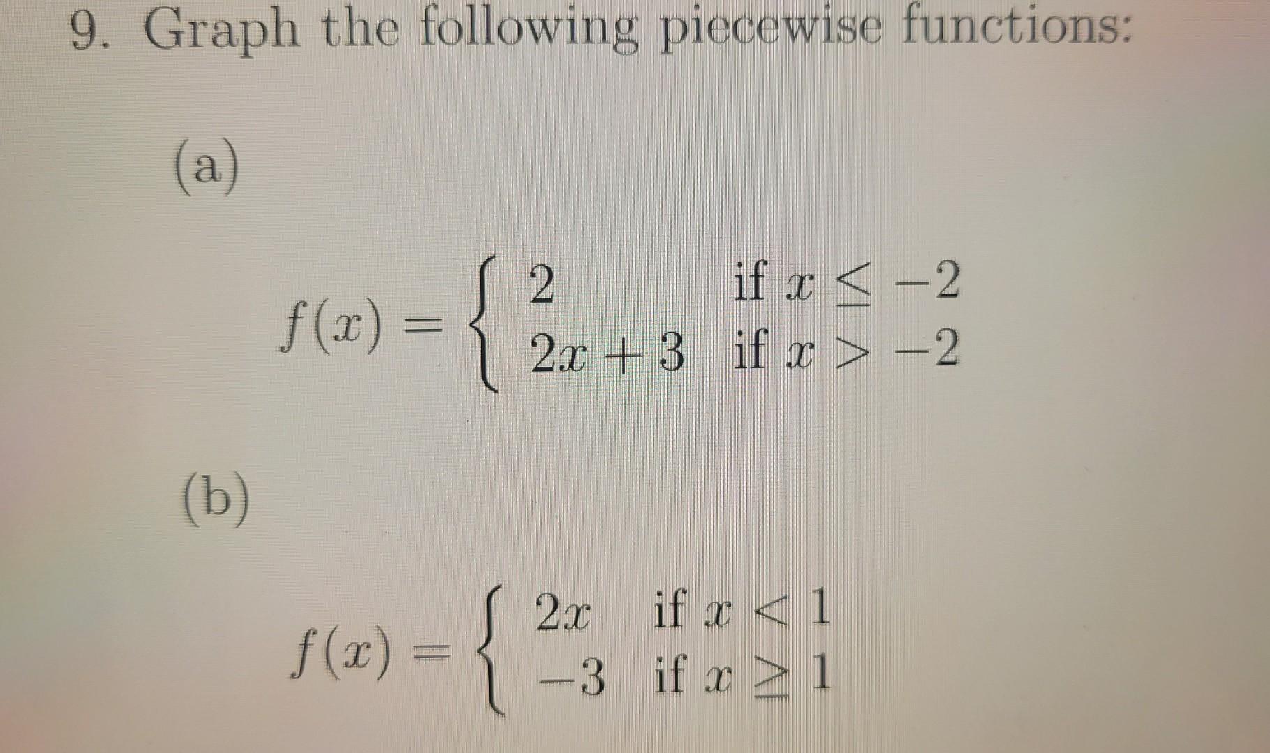 Solved 9. Graph the following piecewise functions: (a) | Chegg.com