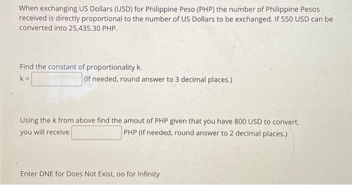 Solved When exchanging US Dollars (USD) for Philippine Peso | Chegg.com