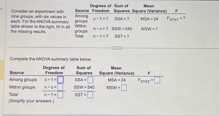 Solved Consider an experiment with nine groups, with six | Chegg.com