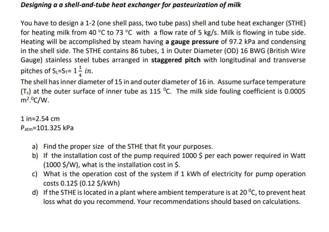 Solved Designing a a shell-and-tube heat exchanger for | Chegg.com