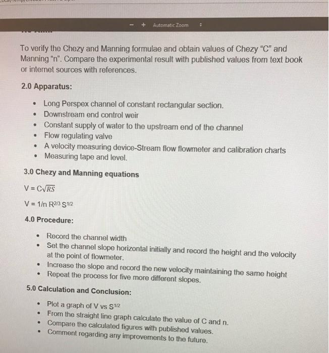 Solved + Automatic Zoom To verify the Chezy and Manning | Chegg.com