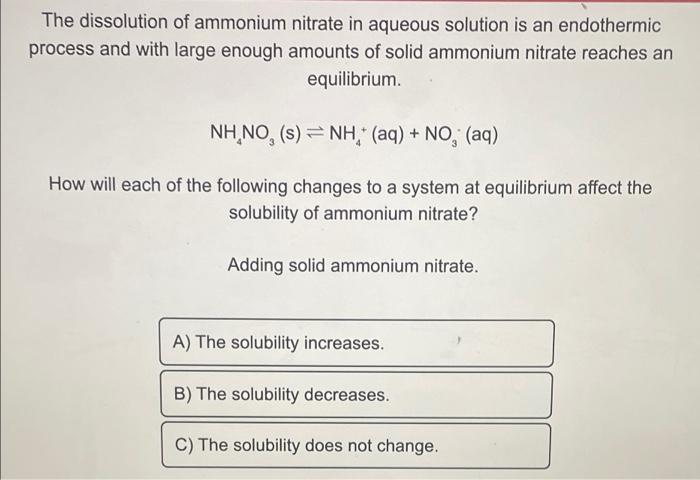 Solved The dissolution of ammonium nitrate in aqueous | Chegg.com
