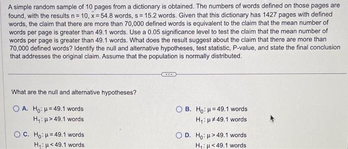 Solved A simple random sample of 10 pages from a dictionary | Chegg.com