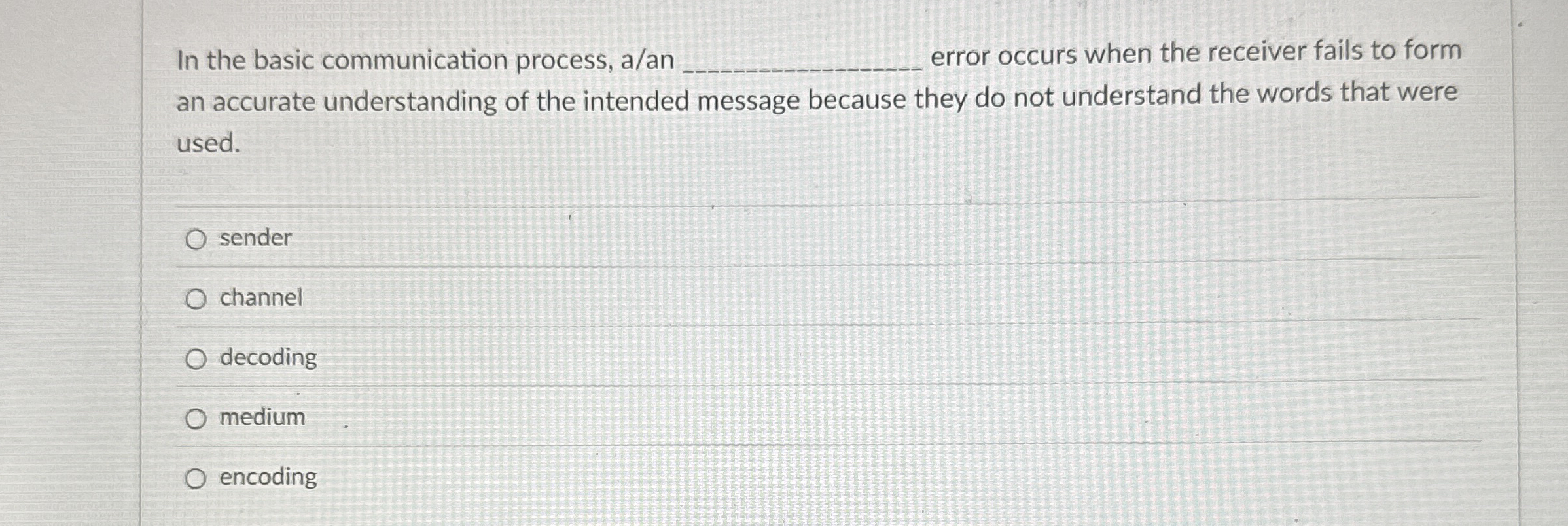 Solved In the basic communication process, a/an ﻿error | Chegg.com