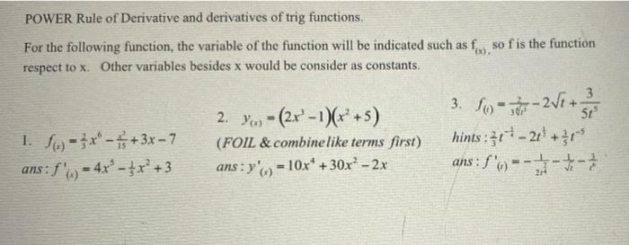 Solved POWER Rule of Derivative and derivatives of trig | Chegg.com