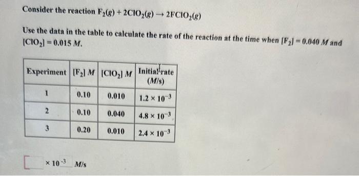 Solved Consider the reaction F2( g)+2ClO2( g)→2FClO2( g) Use | Chegg.com
