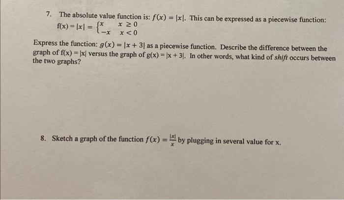 Solved 7. The absolute value function is: f(x)=∣x∣. This can | Chegg.com