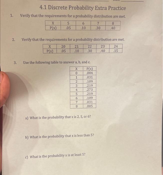 Solved 4.1 Discrete Probability Extra Practice 1. Verify | Chegg.com
