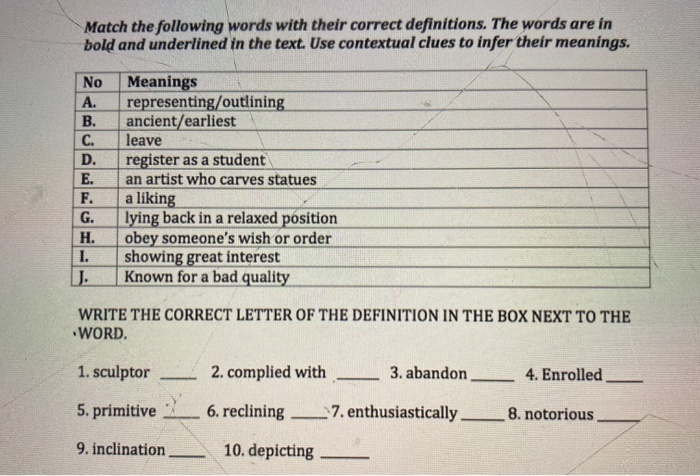 Solved Match the following words with their correct | Chegg.com