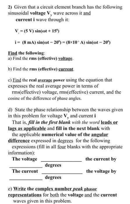 2) Given that a circuit element branch has the | Chegg.com