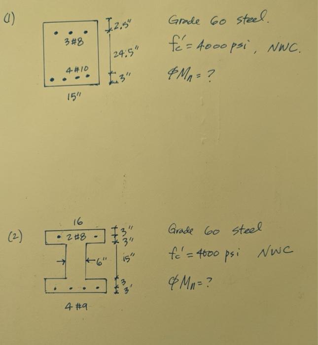 Solved fc′=4000psi,NWC. ΦMn=? Grade 60 steel fc′=4000 psi | Chegg.com